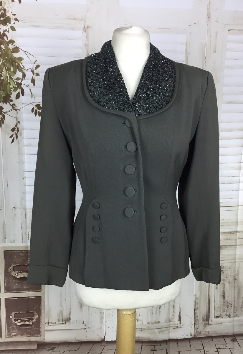 Original 1940s 40s Vintage Grey Gabardine Gab Jacket With Beaded Colla ...