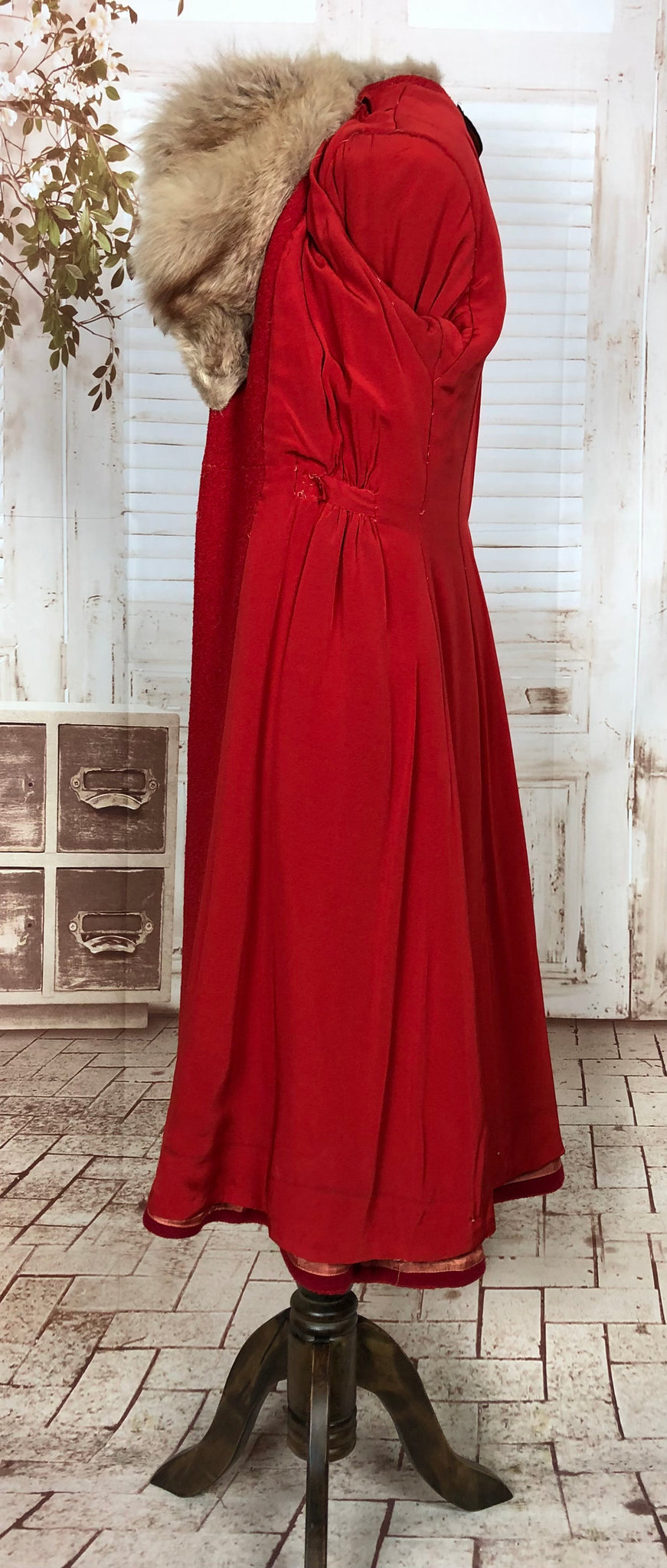 Incredible Original Red 1940s 40s Vintage Belted Princess Coat With Hu ...